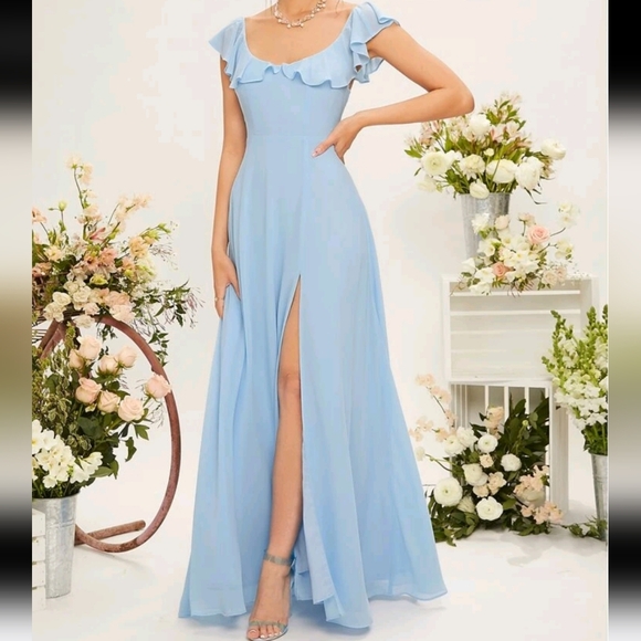 SHEIN | Dresses | Light Blue Ruffle Maxi Dress Medium W Thigh Slit ...